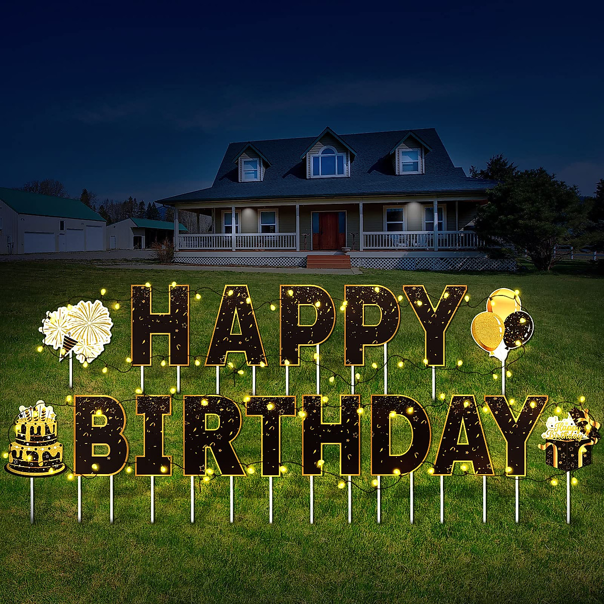 17 Pieces 16'' Happy Birthday Yard Signs with Stakes Birthday lawn sign with String Light Outdoor Decorations Yard Supplies for Home Garden Party, Black and Gold