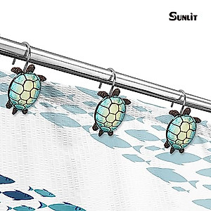 Sunlit Sea Turtle Shower Curtain Hooks, Home Decorative Shower Curtain Rings for Bathroom, Resin, Ocean Shower Curtain Hanger Hooks for Kid Room Living Room, Set of 12