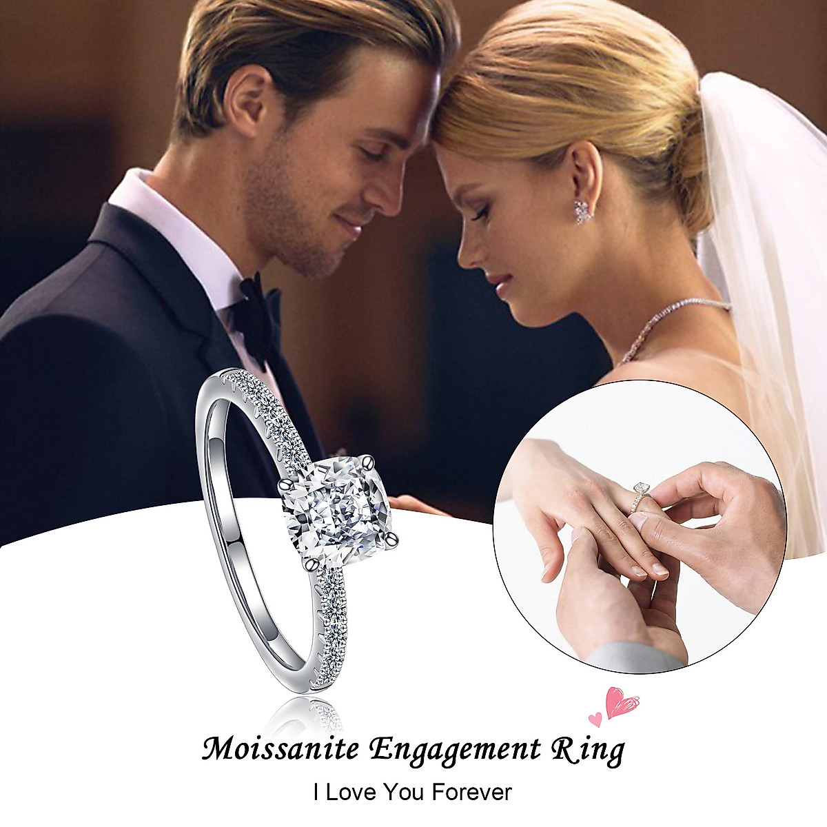 SMILEST Cushion Cut Moissanite Rings for Women, D Color VVS1 Clarity Lab Created Diamond Side Stone Rings Rhodium Plated 925 Sterling Silver Four Prong Moissanite Engagement Rings for Women Gifts