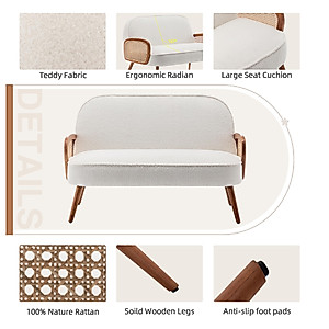 WENTMENT Loveseat Sofa Small Couch for Living Room Teddy Love Seat with Natural Rattan Armrest and Solid Wooden Legs Small Sofa for Small Space, Bedroom, Apartment（White）