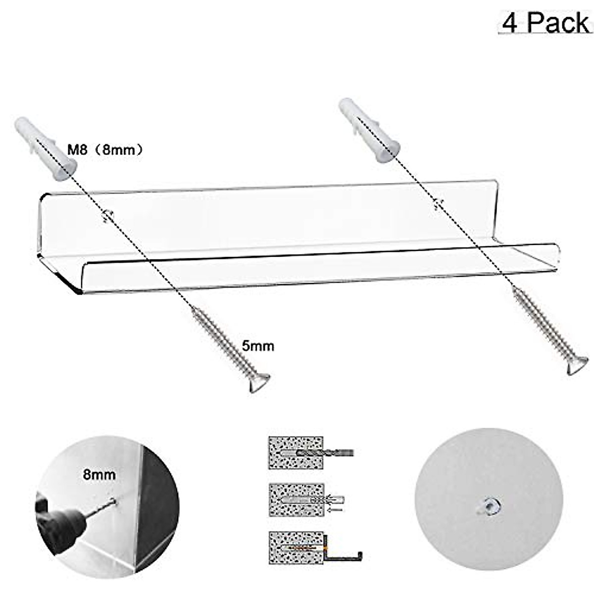 Cerpourt Acrylic Floating Wall Ledge Shelf, Wall Mounted Nursery Kids Bookshelf, Invisible Spice Rack, Clear Bathroom Storage Shelves Display,Acrylic 15" Invisible Bookshelf, Set of 4