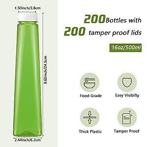 Tanlade 200 Pcs 16 oz Plastic Juice Bottles Bulk with Tamper Evident Lids Empty PET Reusable Beverage Container Clear Disposable Back to School Drink Water Bottles for Smoothie Tea Milk (White Lid)