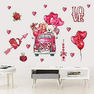 Valentine's Day Love Wall Decals Red Truck Balloon Window Clings Wall Stickers Rose Diamond Ring Romantic Decals Removable Peel and Stick Murals for Home Bedroom Living Room Wedding Anniversary Decor