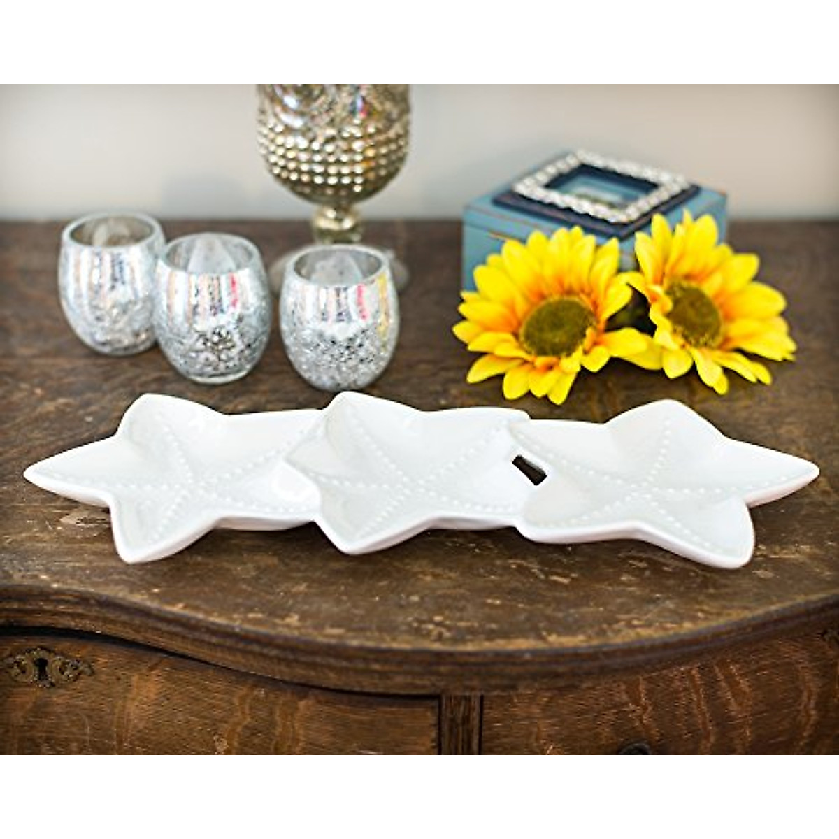 White Starfish Triple Serving Platter Dish 16 Inches Ceramic