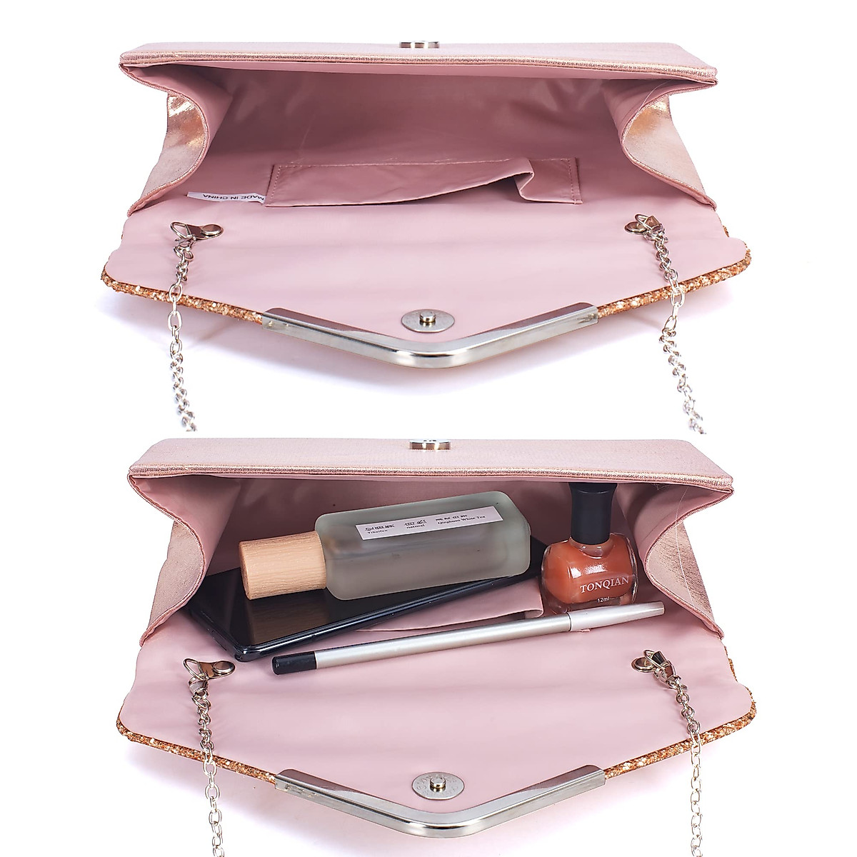 DIGOGO Sequins Flap Evening Purse Envelope Shaped Clutch Purse Chain Crossbody Shoulder Bag for Wedding Party Prom Ball Pink