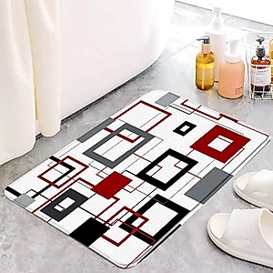 YOZSLGU Abstract Geometric Bath Mat Red Gray Black White Mid Century Minimalist Fashion Modern Memory Foam Bathroom Kitchen Rug, 15.7 x 23.6 Inch