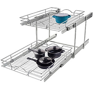 OCG 2 Tier Pull Out Cabinet Organizer (11" W x 18" D), Pull Out Shelves for Kitchen Cabinets, Pull Out Drawers for Base Cabinet Organization in Kitchen Bathroom Pantry, Chrome Finish