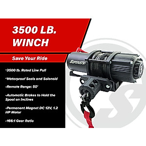 SuperATV Black Ops 3500 LB Winch Kit For UTV/ATV | Waterproof Seals And Solenoid | 12 Volt Winch | 1.2 HP Motor | 166:1 Gear Ratio
