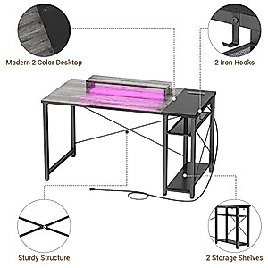 armocity Computer Desk with LED Lights, Gaming Desk with Power Outlet and USB, 40 Reversible Laptop Table with Moveable Monitor Stand, Small Desk for Small Spaces, Office, Gaming Room, Grey and Black