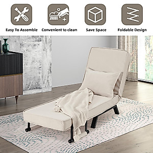 Convertible Sofa Bed Sleeper Chair,Single Person Chaise Lounge Couch with Pillow,Upholstered Lazy Bed with 6 Angles Adjustable Backrest,Folding Sofa Arm Chair for Apartment/Office/Home (Beige)