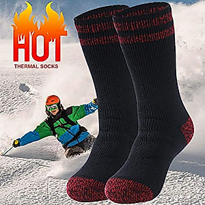 Three street Outdoor Sport Thermal Socks, Men Comfort Heavyweight Thermal Hiker Crew Insulated Heat Non Skid Socks, Winter Thick Warm Fuzzy Slipper Socks Warm Clothes for Working Black Red 1 Pair