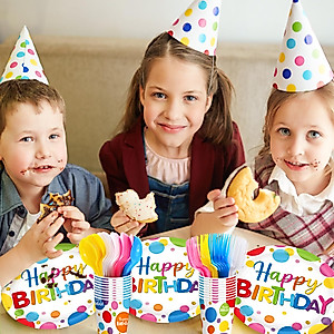Meanplan Serves 24 Guests Happy Birthday Plates and Napkins Rainbow Polka Dot Birthday Tableware Set Rainbow Dot Birthday Party Decorations for Kids Included Cups Knives Forks Spoons Total 168 Pcs