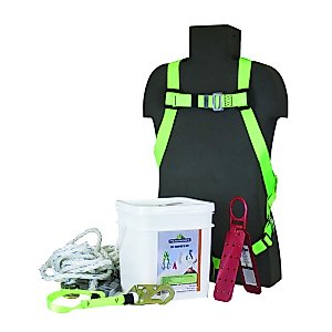Peakworks OSHA Compliant, Fall Protection Roofer's Kit, Safety Harness (Universal Fit), Rope Grab, 25' Vertical Lifeline, and Reusable Roof Bracket, White/Green, V8257272