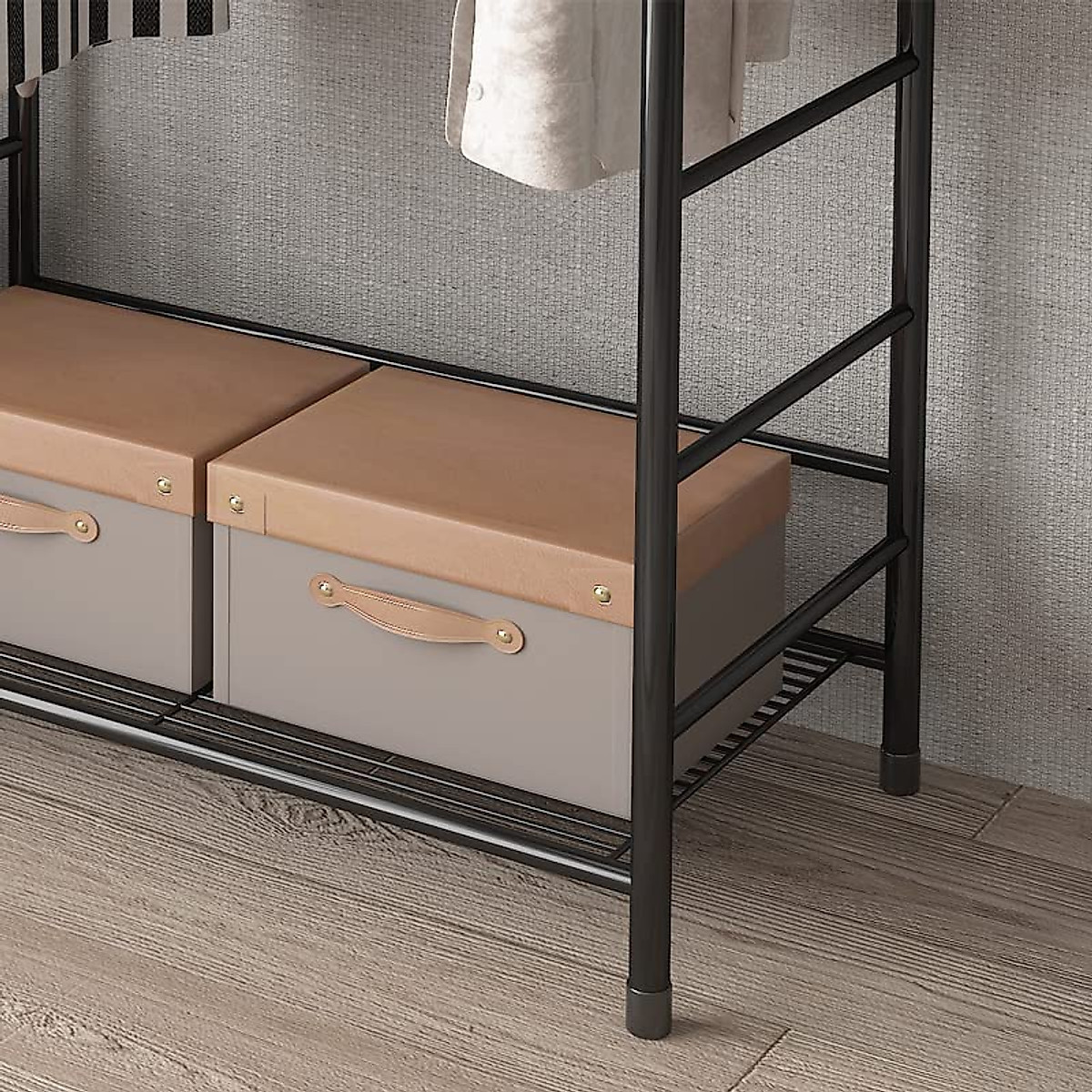 Nyehiret Metal Free-Standing Garment Rack，Storage Organizer for Bedroom Clothes Garment Rack with Shelves，Hanging Rod and Storage Box, Black