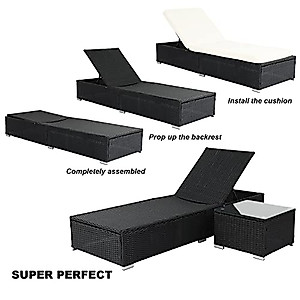 Volowoo Wicker Chaise Patio Lounge Chair, 2 Pieces Patio Chaise Lounge Chair Sets, Outdoor Beach Pool PE Rattan Reclining Chair with Table and Cushion