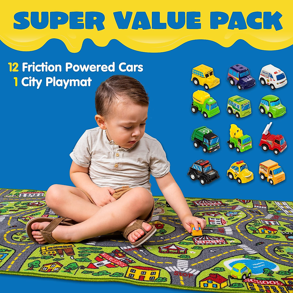 JOYIN Kids Play Rugs - 12 Pull-Back Vehicle Set - Durable Carpet Playmat Rug - City Pretend Play - Toddler Car Track Rug