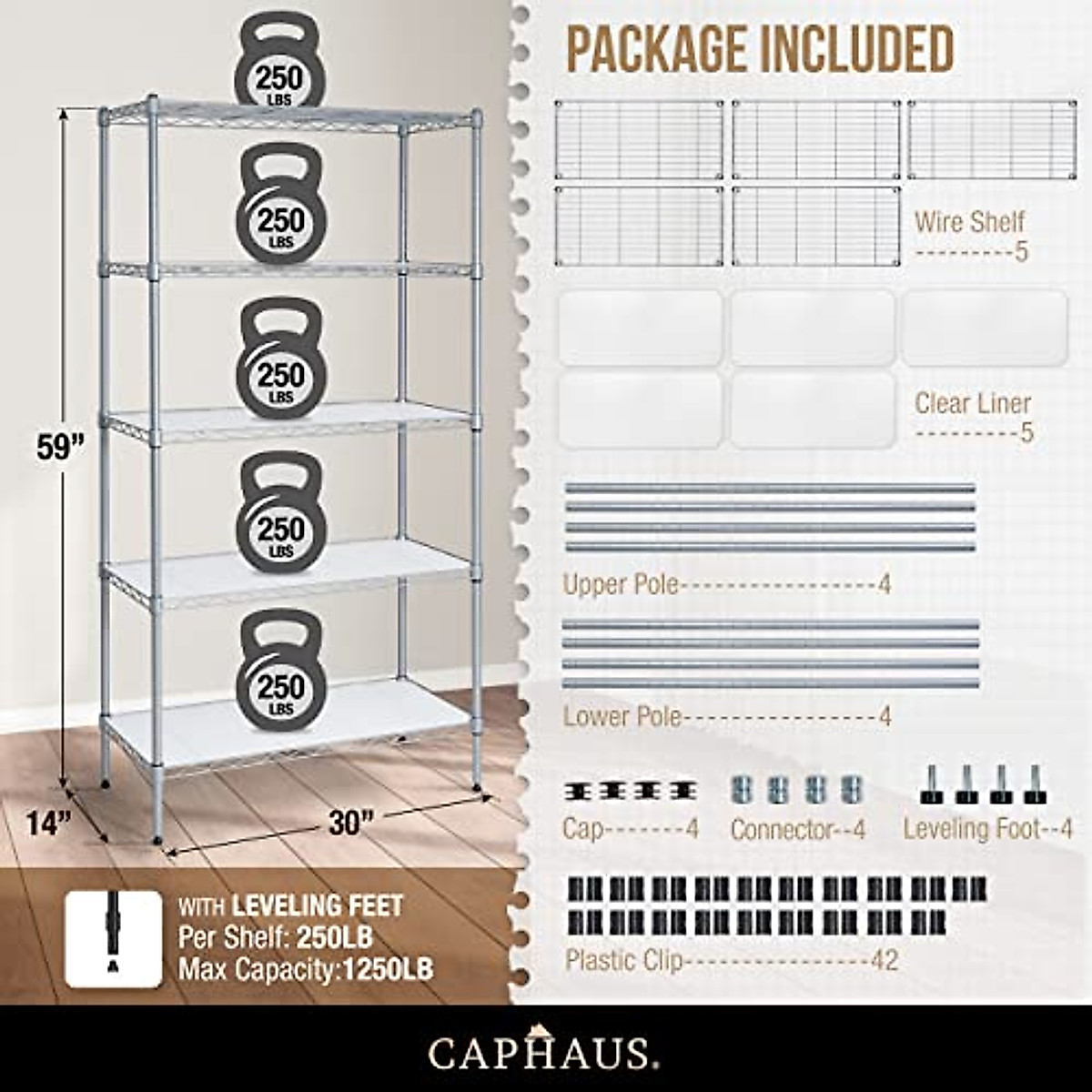 CAPHAUS NSF Silver Grey Adjustable Wire Shelving Unit w/Liner, Metal Steel Storage Shelves, Utility Shelf, Garage Shelving Storage Organizer, Kitchen Storage Shelving, w/Liner, 5-Tier no Wheel
