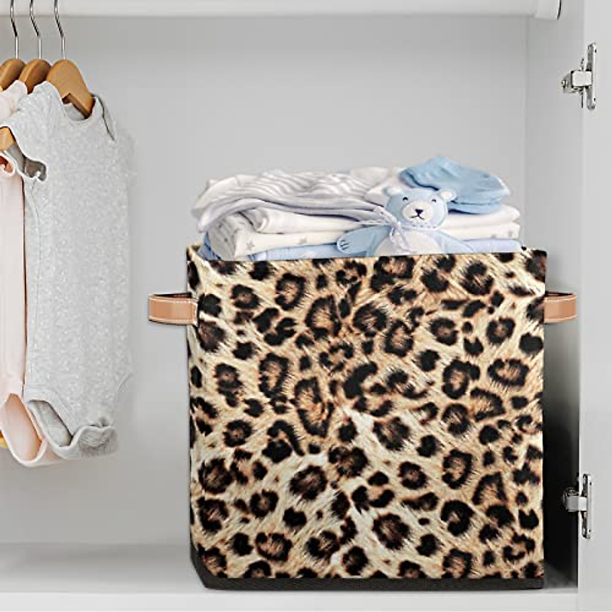 Leopard Wlidlife Print Striped Cube Storage Bins 13 x 13 x 13 inch, Leopard Animals Print Fabric Organizer Bins Basket Boxes with PU Leather Handles Foldable Storage Cube for Clothes Bedroom Closet Shelves