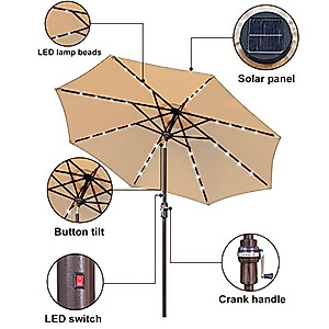 Zersun 9FT Patio Umbrella, Solar Powered LED Umbrellas with 32 LED Lights 8 Ribs/Tilt Adjustment and Crank Lift System for Garden, Backyard and Pool - Tan