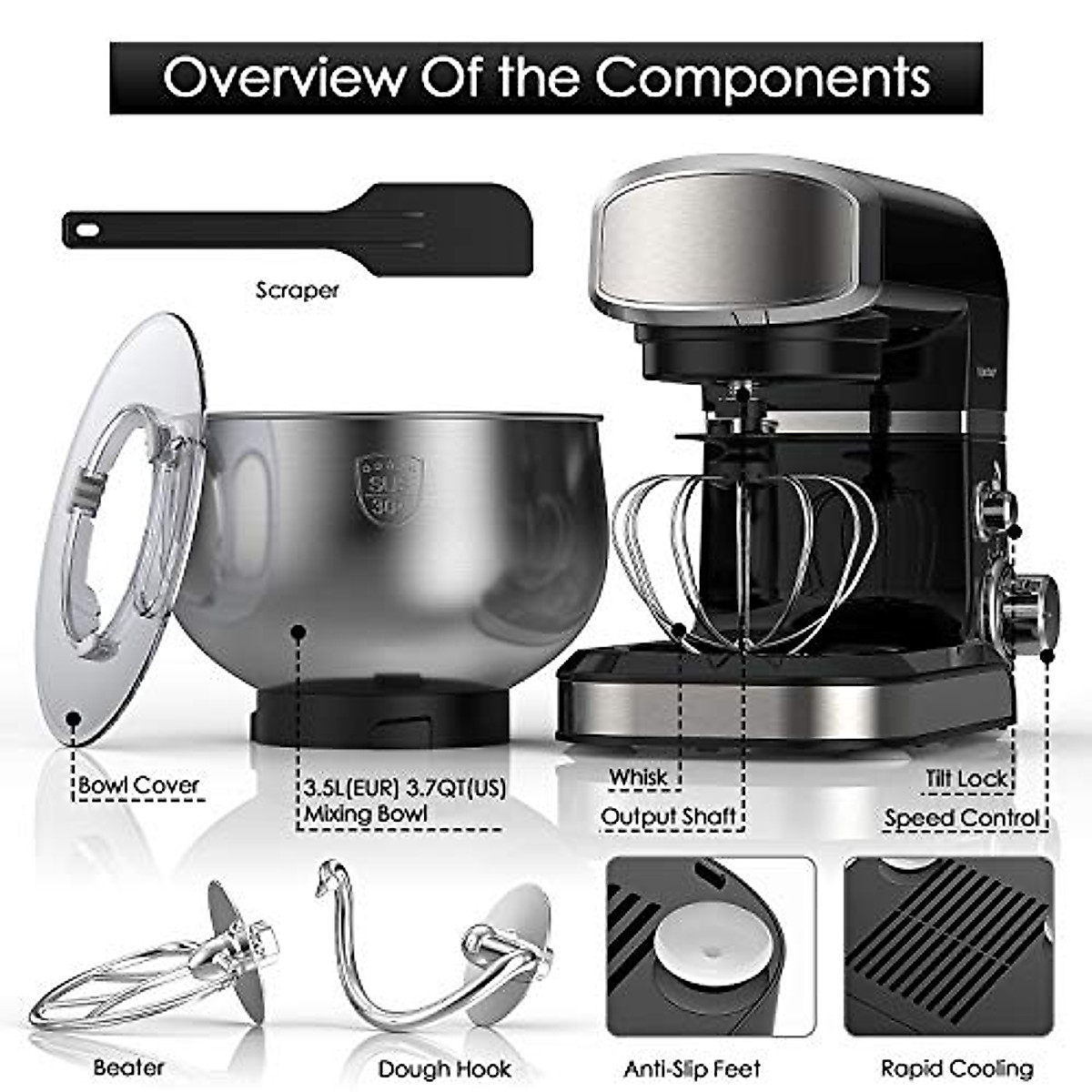 Stand Mixer, 1000W Kitchen Mixer Electric Food Mixer, 6 Speeds with 304 Stainless Steel Bowl Tilt-Head Dough Mixer, Dough Hook, Whisk, Beater, Splash Guard & Scraper