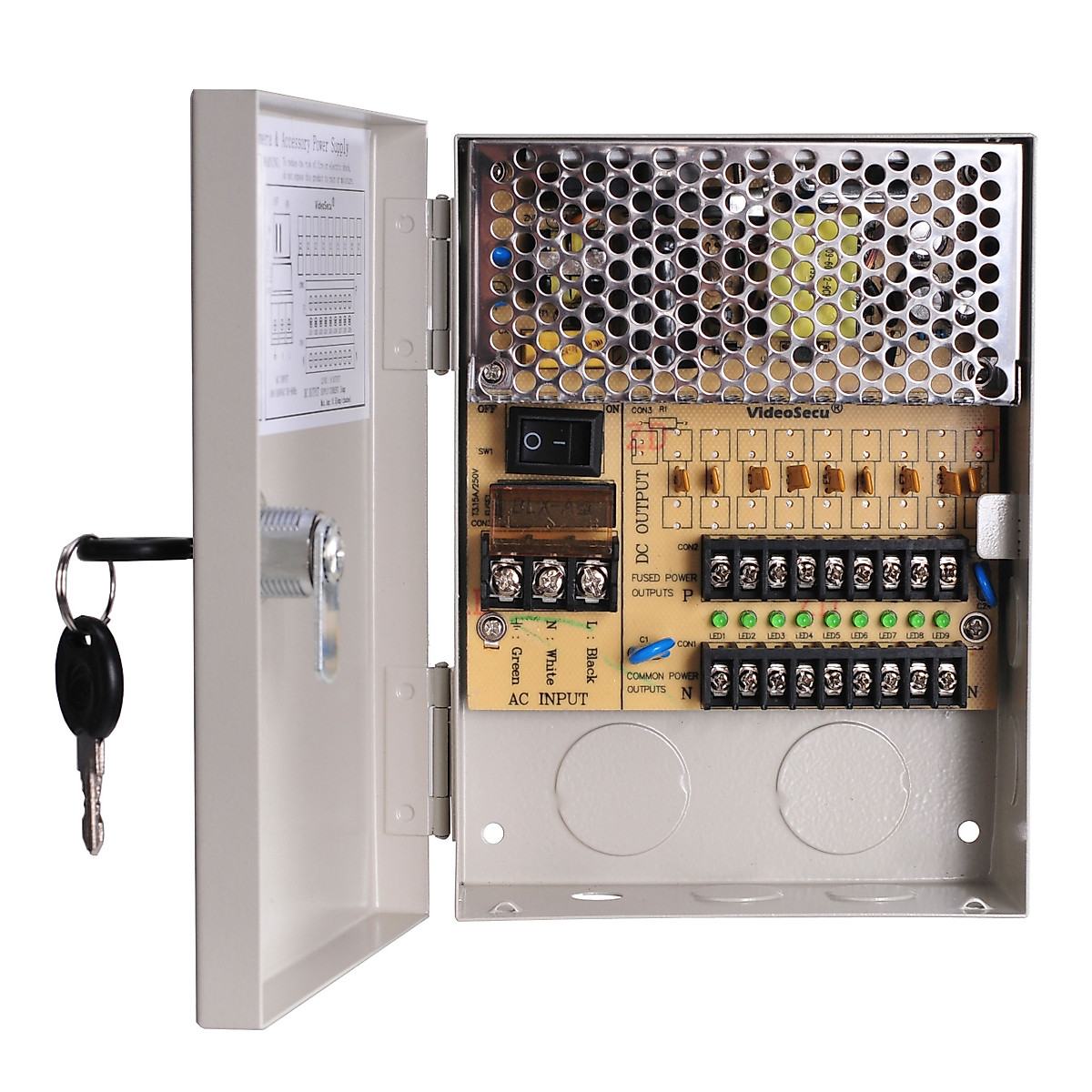 VideoSecu Key Lock 9 Output 12 V DC CCTV Distributed Power Supply Box Auto Reset for Security Camera WK9