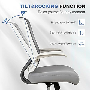 Home Office Desk Chair with Flip Up Armrest, Lumbar Support, Soft Sponge Seat, Breathable Mesh Mid Back Computer Chair, Swivel Task Chair, 300LBS Weight Capacity, Grey