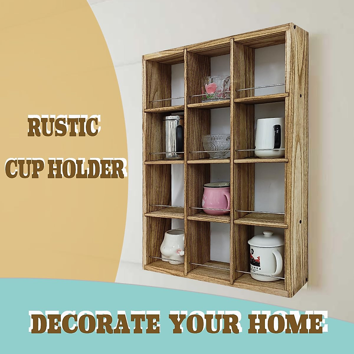 YIYUESHIJIU Wall Mounted Coffee Mug Display Rack, 17x25 Large Wooden Display Shelves Cup Holder Shadow Box Shelf Rustic Mug Rack Shot Glasses Display Case with 12 Compartment (Carbon)