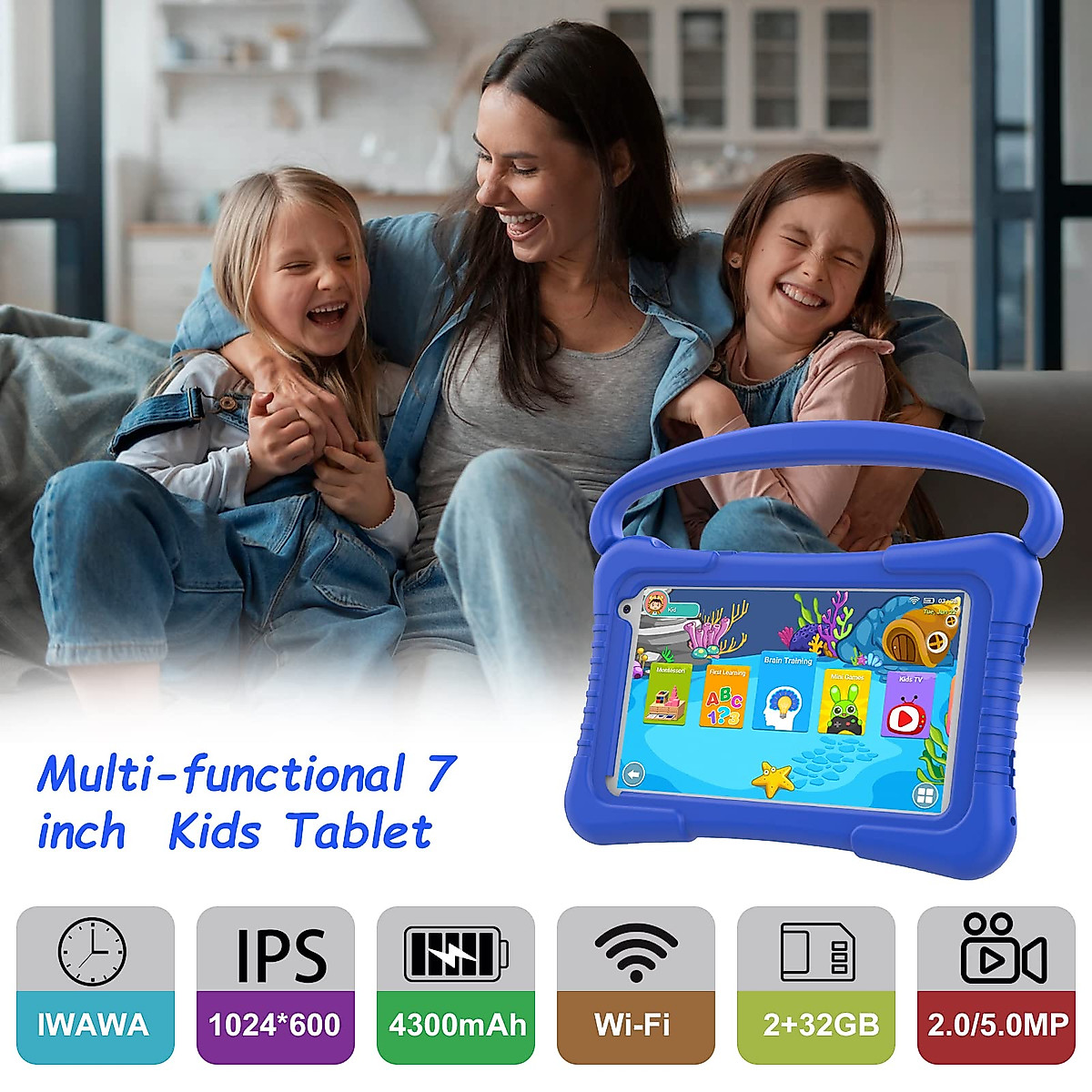 ATOZEE Kids Tablet 7 inch, Android 11 Toddler Tablets, Tablet for Kids 32GB Storage 2GB RAM, 1024x600 IPS HD Touchscree, Quad-Core Processor with WiFi Bluetooth Dual Camera (Blue)