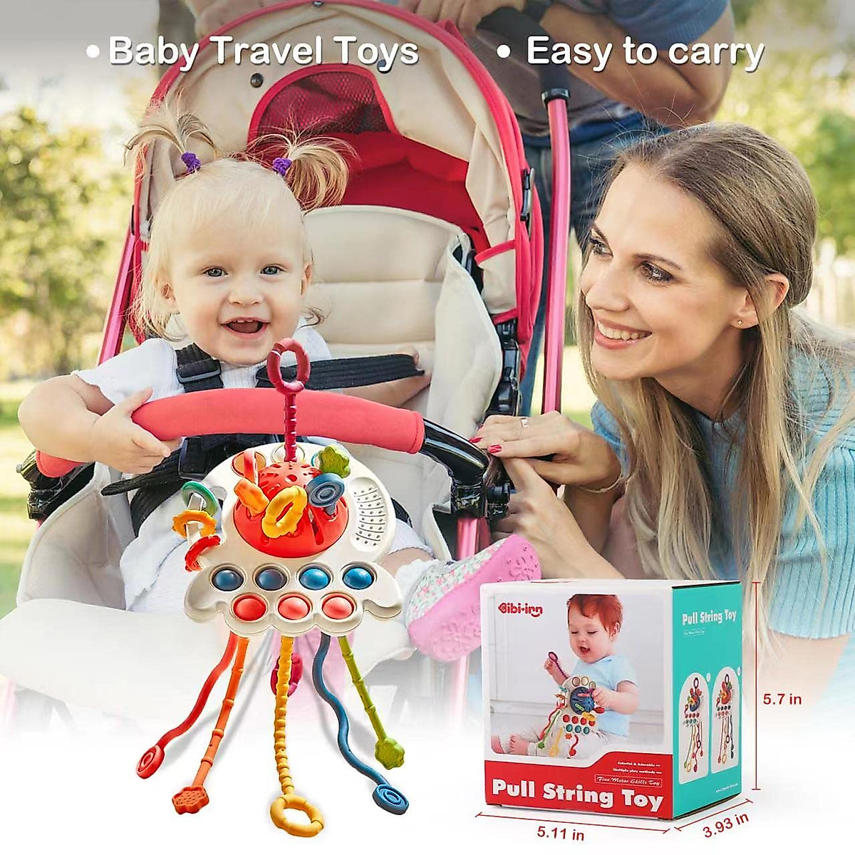 Montessori Toys for Baby: Early Educational Sensory Toys with Bell for Toddler, Rocket Silicone Pull String Activity Toys with Dimple Fidget for Fine Motor Skills Baby Travel Toy Gift (Brown)