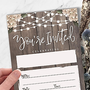 Bridal Shower Rustic Party Invitations - 20 Invites With Envelopes - Wood With String Lights Design - Wedding Reception, Engagement Party, Rehearsal Dinner Party, Milestone Birthday or Housewarming