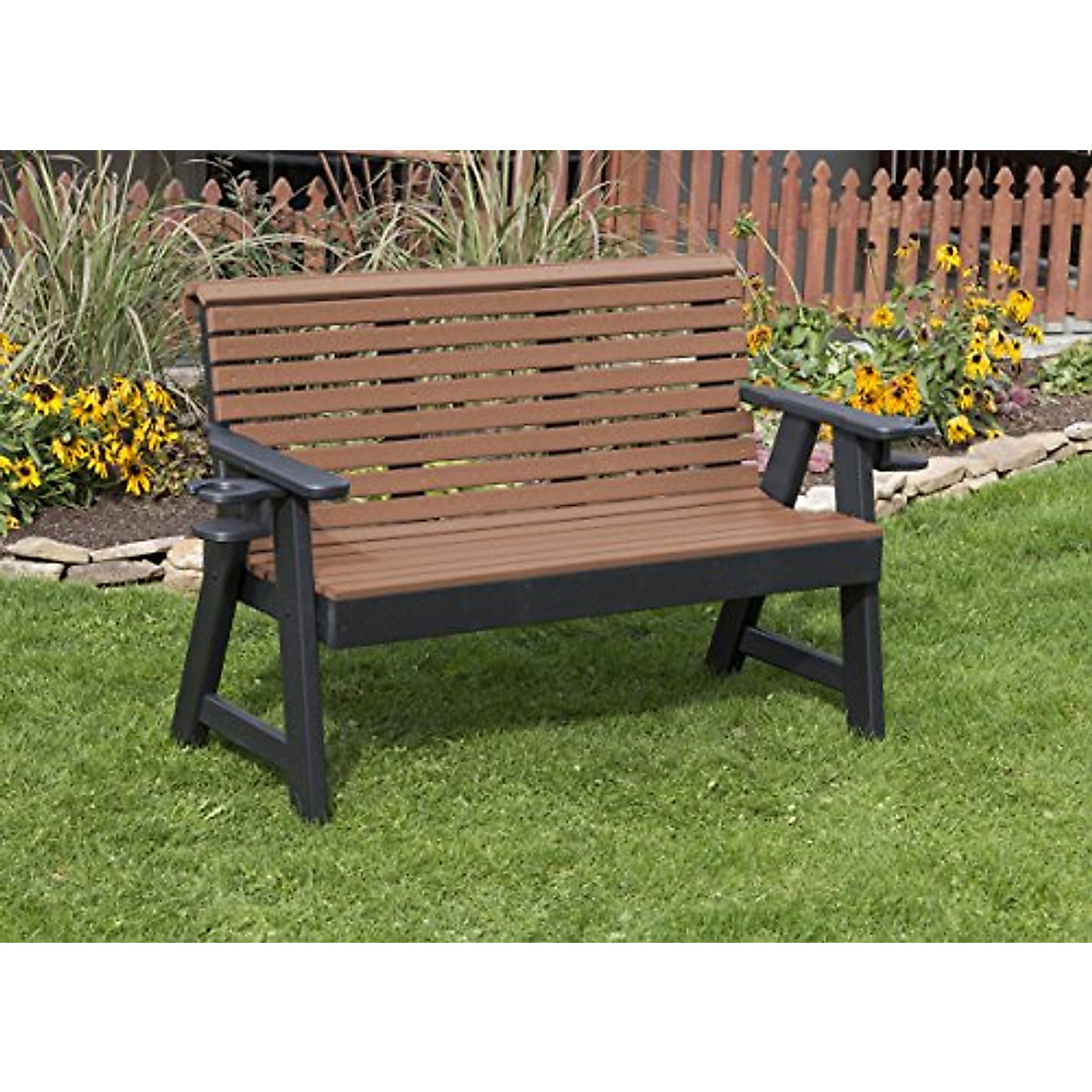 Ecommersify Inc 5FT-Cedar-Poly Lumber ROLL Back Porch Bench with Cupholder arms Heavy Duty Everlasting PolyTuf HDPE - Made in USA - Amish Crafted