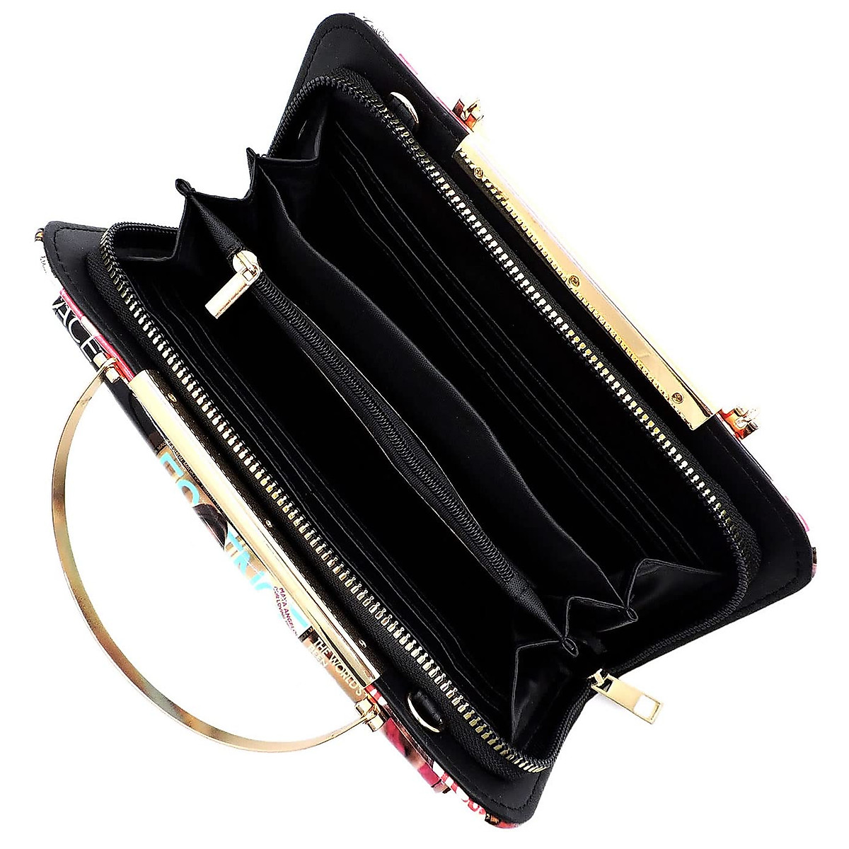 Magazine Cover Collage Round Top Handle Crossbody Bag Clutch Wallet (Grey/black)