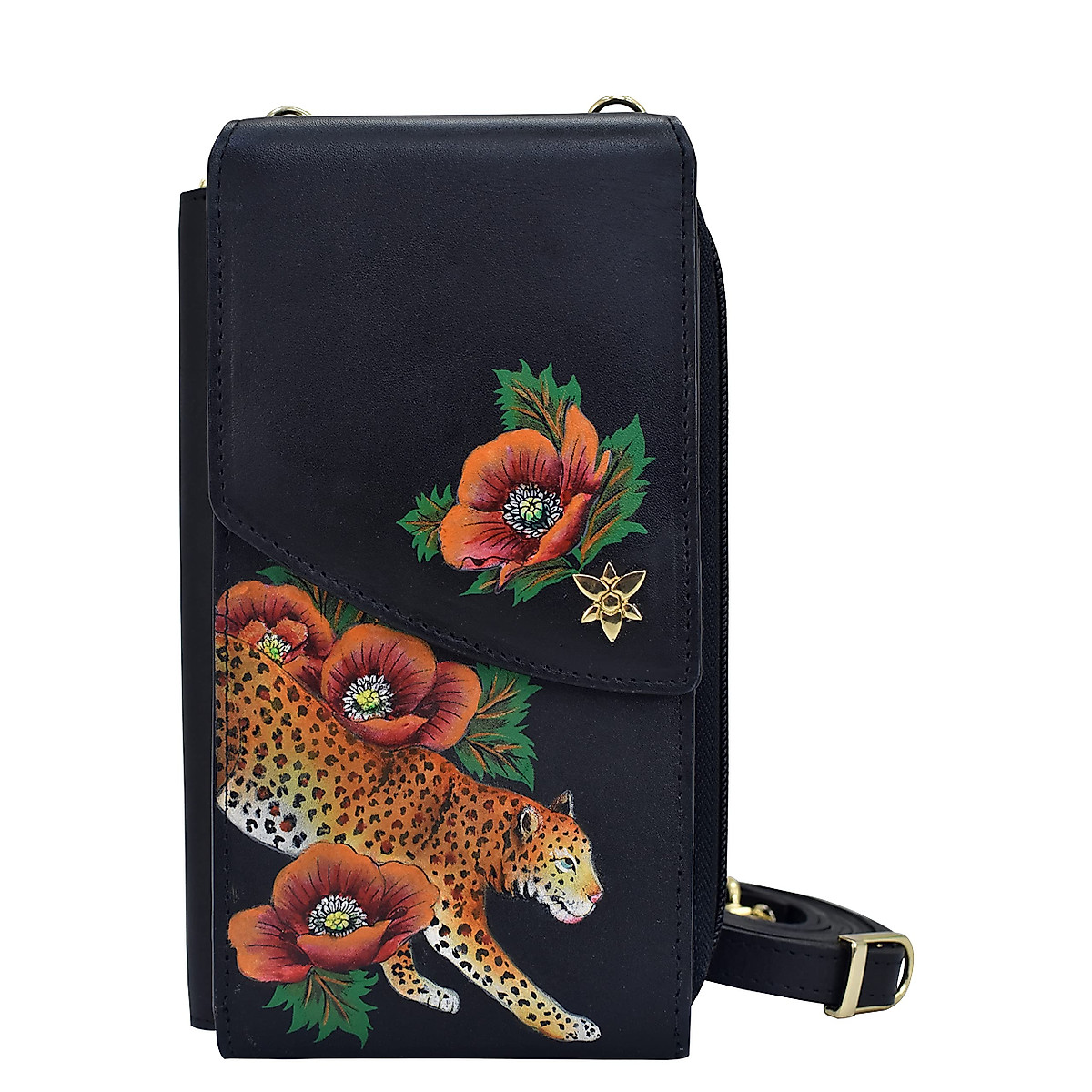 Anuschka Women’s Hand Painted Genuine Leather Crossbody Phone Case - Enigmatic Leopard