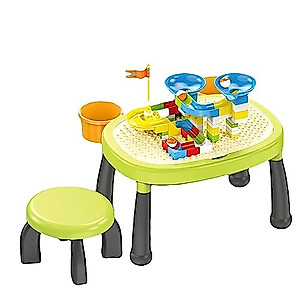 la-belle-vie 6-in-1 Activity Table for Kids, Sand/Water Table for Toddlers 1-3, Kids Table and Chair Set with Storage, 70 pcs Marble Run Building Blocks Classic Big Blocks (Green)
