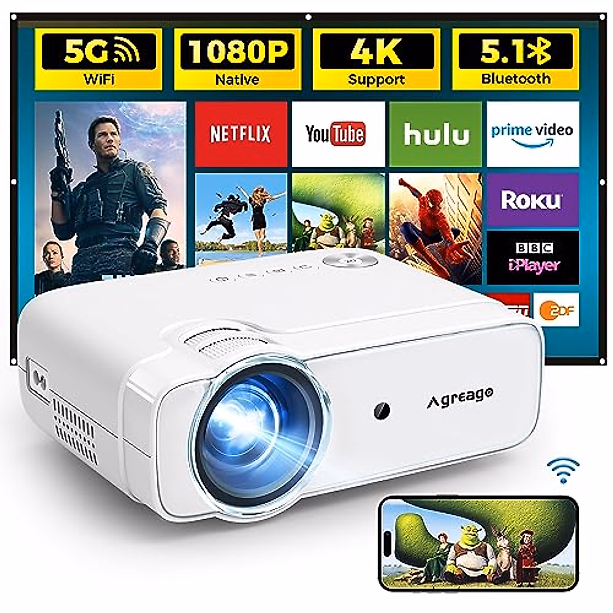 Projector with WiFi and Bluetooth, 5G WiFi 4K Supported Native 1080P 14000L, AGREAGO Portable Outdoor Projector with Screen, Home Theater Projector Compatible with TV Stick/iOS/Android/Win/HDMI/USB