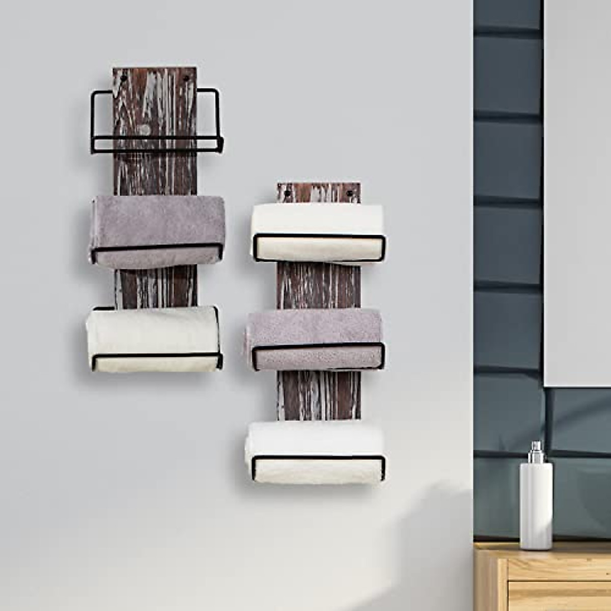 MyGift Wall Mounted 3 Tiered Matte Black Metal Wire Towel Holder for Rolled Towels with Torched Wood Mount Backing, Decorative Hand and Bath Towel Storage Rack, Set of 2