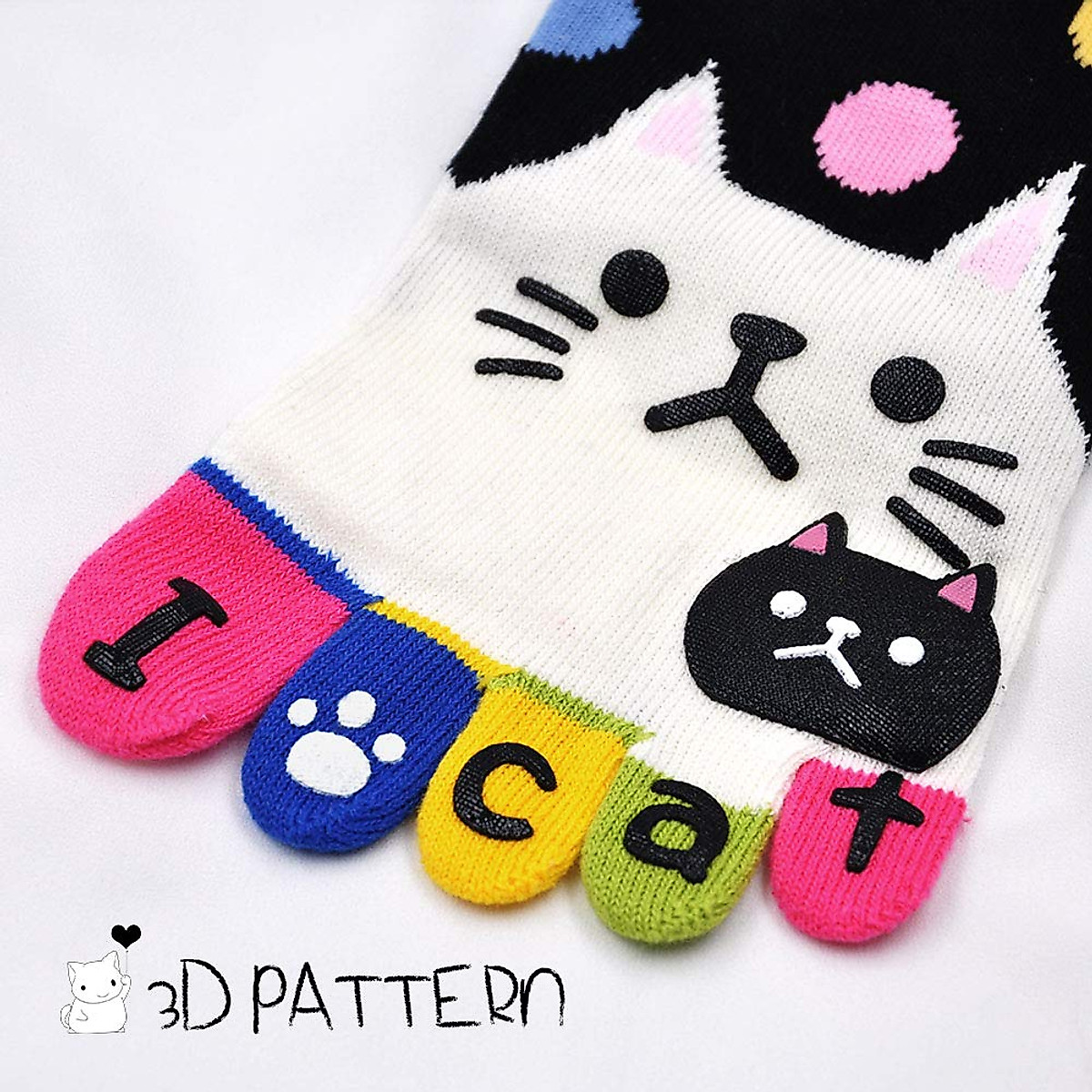 Hellomamma Women's Toe Sock Cute Cat Dog Ankle Sock Cotton Athletic Running Five Finger Socks for Girls (5 Pairs)