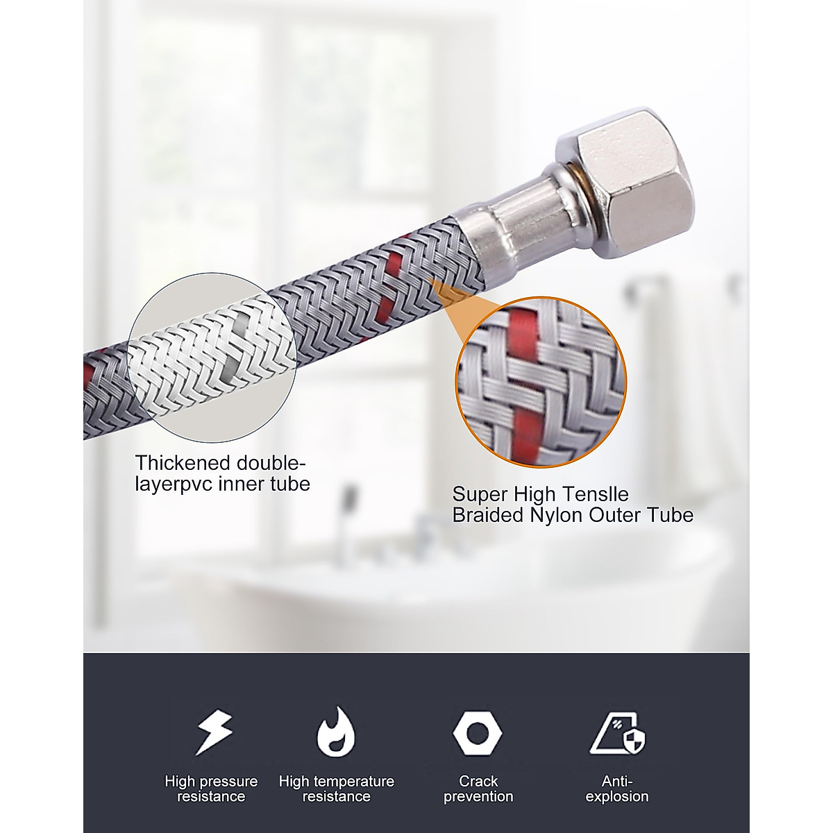 Faucet Supply Lines: WOWOW 40" Bathroom Sink Faucet Hose, Braided Nylon cUPC Supply Lines 3/8" Female Compression Thread × M8 Male Connector,Stainless Steel Braided Supply Line(1 Pair)