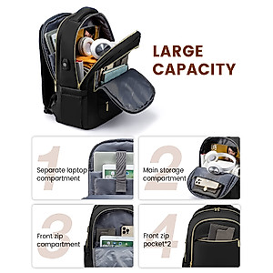 LOVEVOOK Laptop Backpack for Women, Black Business Travel Backpacks with USB Port, Water Resistant Work Teacher Computer Bag, Stylish College School Bookbag, Fits 15.6" Laptop