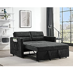 Polibi 54.5'' Modern Convertible Sleeper Sofa Bed with Two Arm Pockets, Chenille Fabric Sofa w/Pull-Out Loveseat Sofa Couch and Adjustable Back for Living Room (Black)