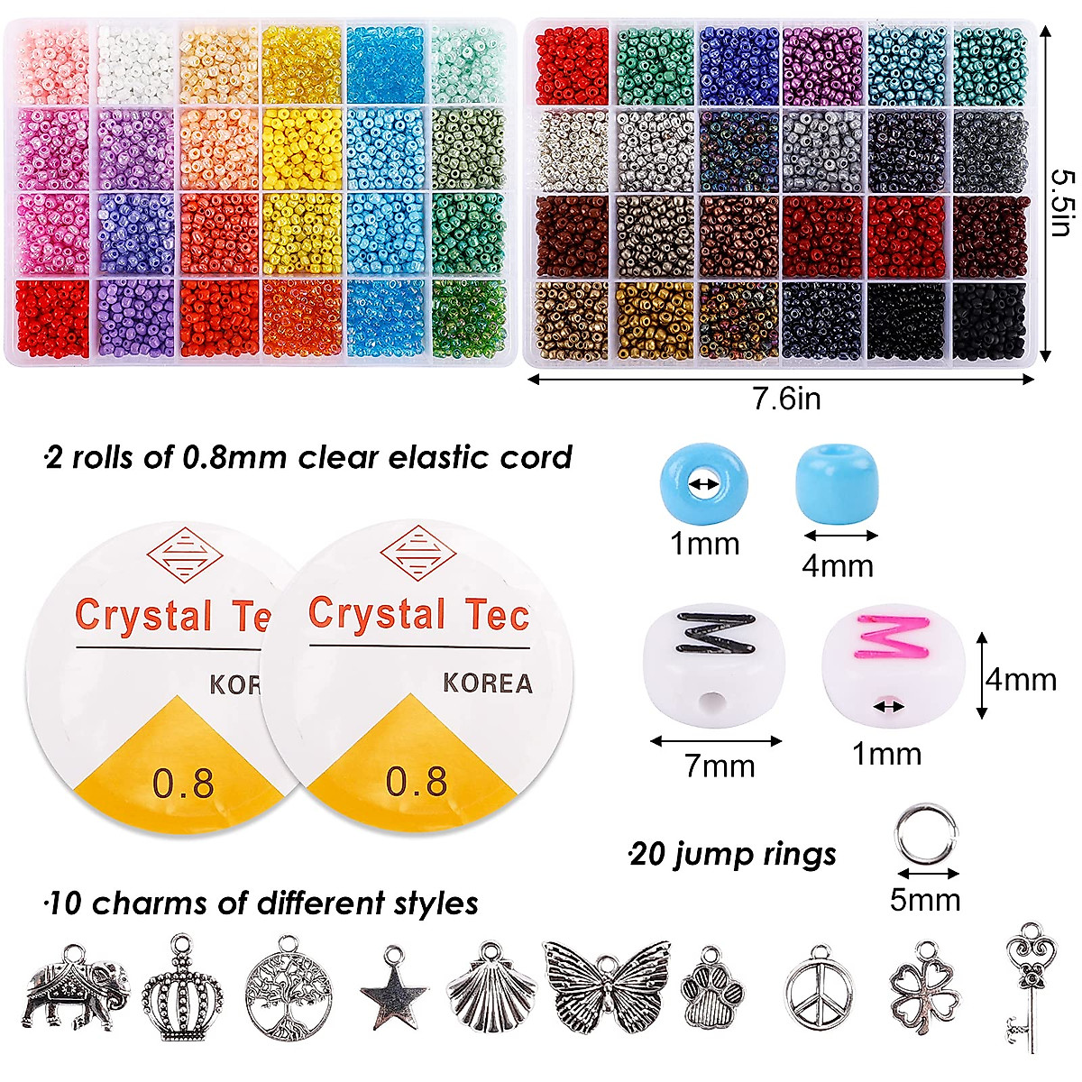 QUEFE 6480pcs Glass Seed Beads 4mm Bracelet Beads for Jewelry Making Kit, Small Waist Craft Beads, 260pcs Alphabet Letter Beads with Elastic String Cords and Charms