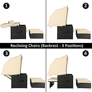 MAGIC UNION Outdoor Furniture Wicker Loveseat Sofa Set with Retractable Canopy, Rattan Patio Seating Chairs Poolside Sunbed with Ottomans, Khaki Cushions for Backyard