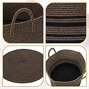 Graciadeco Large Decorative Blanket Basket with Lid 85.2 Qt Hand-Woven Cotton Rope Baskets for Storage Throw Pillow XXL Round Floor Basket Black-Brown