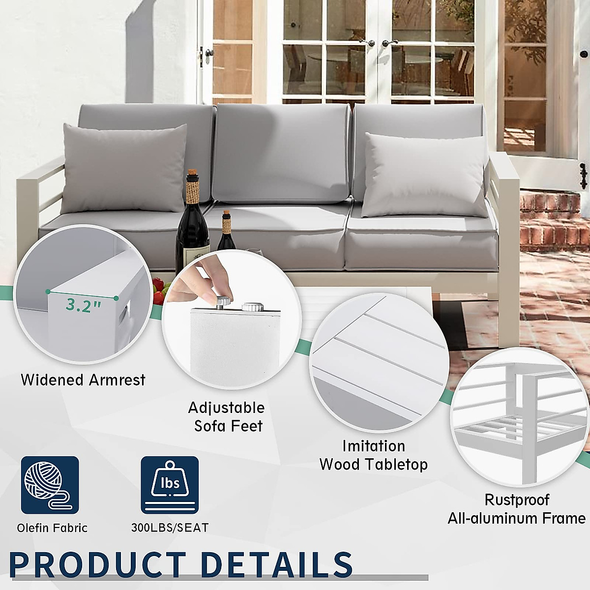 Amopatio Aluminum Patio Furniture Set, 8 Pieces Modern Patio Conversation Sets, Outdoor Sectional Metal Sofa with Cushion and Coffee Table for Balcony, Garden, White (Included Waterproof Covers)