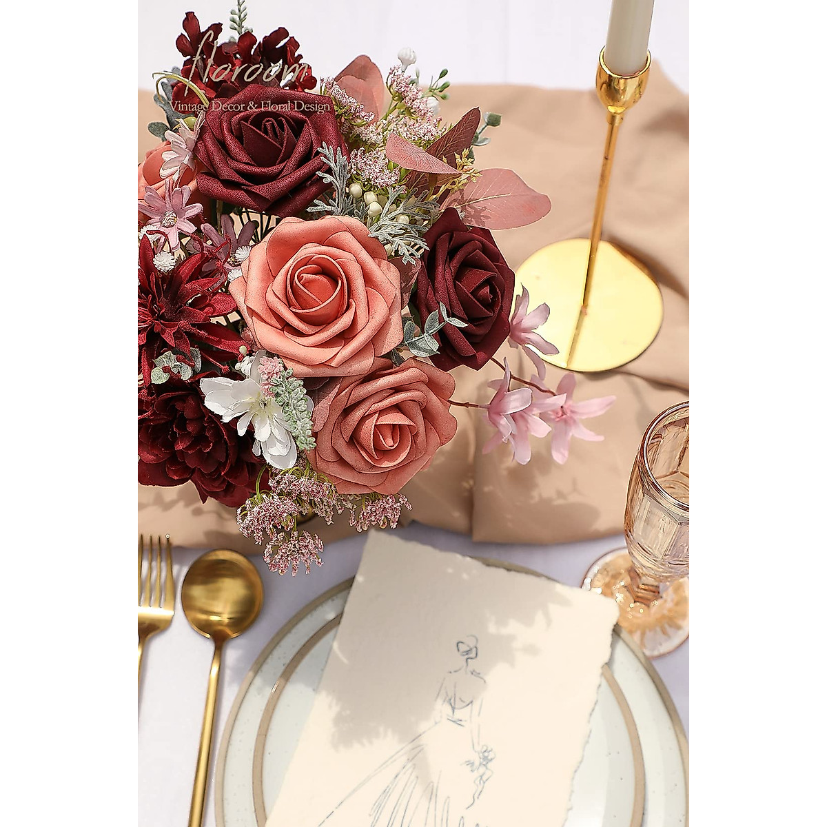 Floroom Artificial Flowers 25pcs Real Looking Burgundy & Pinky Cedar Foam Fake Roses with Stems for DIY Wedding Bouquets Bridal Shower Centerpieces Floral Arrangements Party Tables Home Decorations