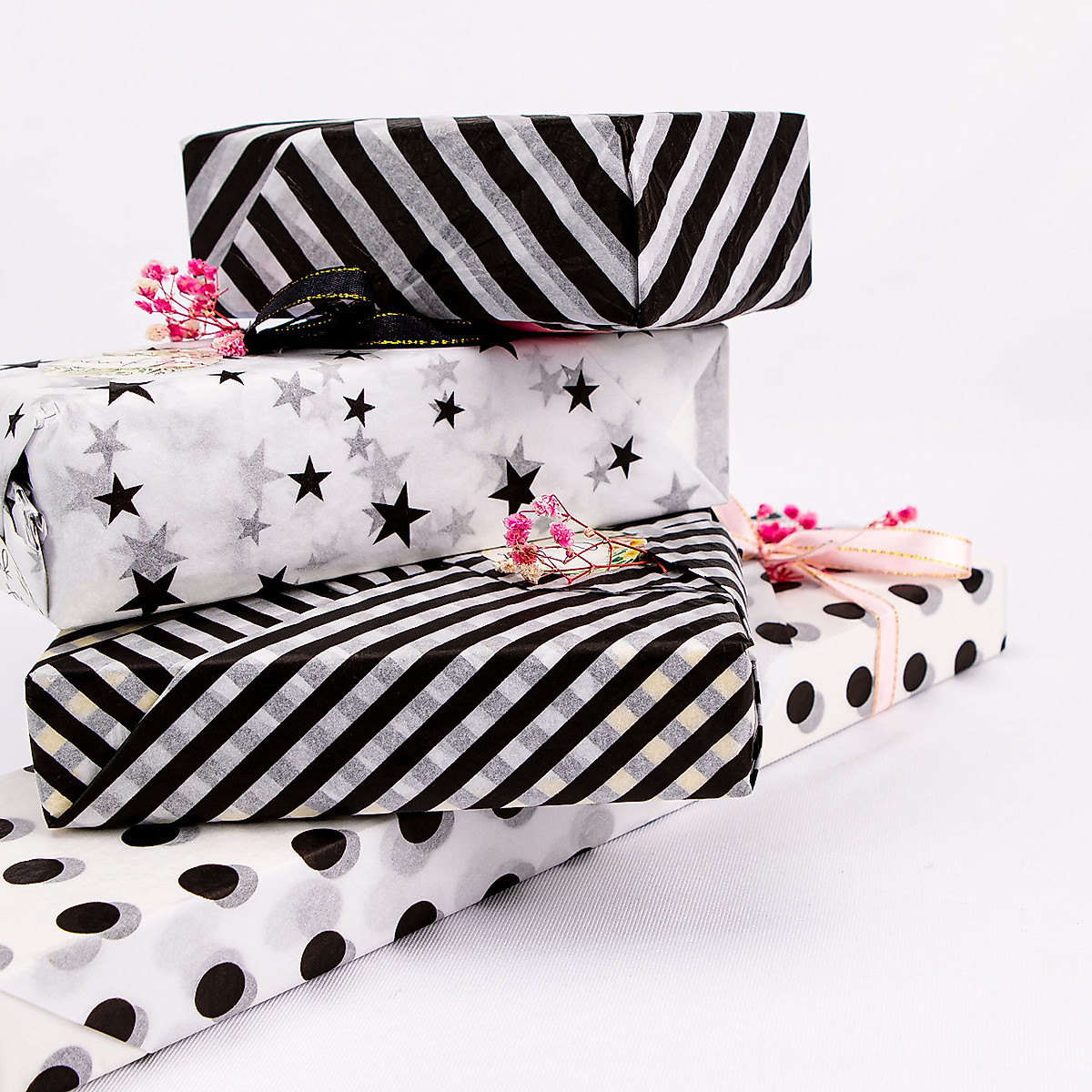 MR FIVE 60 Sheets White and Black Tissue Paper Bulk,20" X 28",4 Styles Tissue Paper for Gift Wrapping,Gift Tissue Paper for Gift Bags,Crafts,Birthday,Star Stripes Polka Dots Pattern Tissue Paper