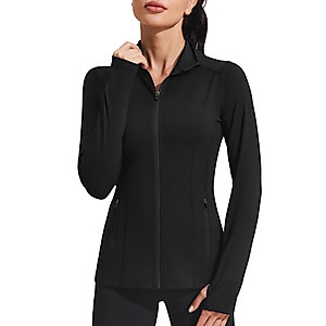 PINSPARK Workout Jackets for Women Athletic Running Gym Yoga Jacket Lightweight Full Zip Slim Fit Sports Tops Thumb Holes Pockets, Black, Small