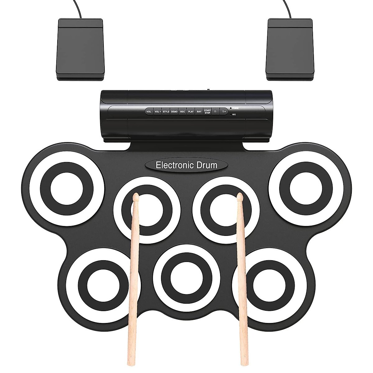 7 Pads Electronic Drum Set, Roll Up Drum Practice Pad Midi Drum Kit with Headphone Jack Built-in Speaker Drum Pedals Drum Sticks 10 Hours Playtime（White)
