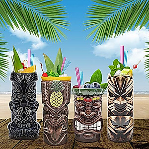 Tiki Mugs Cocktail Set of 4 - Large Tumblers Ceramic Hawaiian Luau Party Mugs Drinkware, Cute Exotic Cocktail Glasses, Tiki Bar Professional Hawaiian Party Barware, TKSET0005