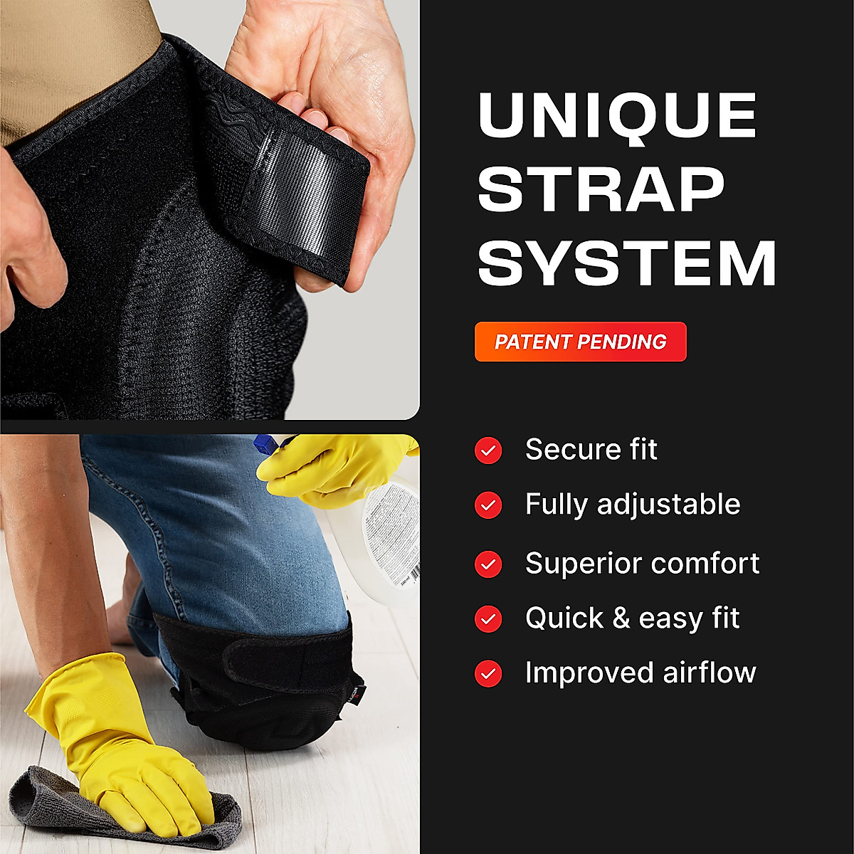 NoCry Supportive Sports and Gardening Knee Pads; Unique Adjustable Straps; Soft Knee Pads for Gardening & Work and Sports Safety Sunglasses with Green Tinted Lenses, UV 400 Protection. Black & Red